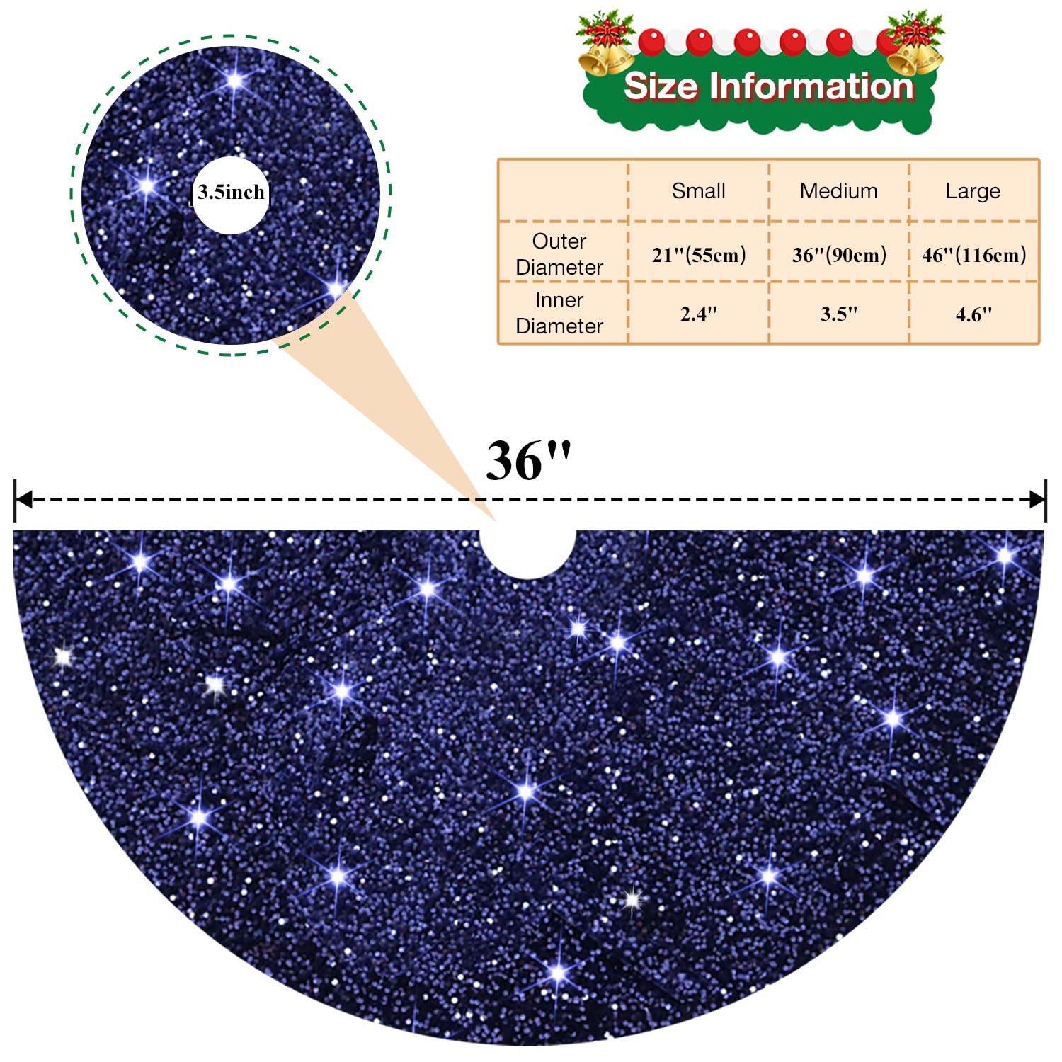 Navy Blue Sparkly Sequin Tree Skirt 36 Inches Christmas Ring Glitter Collar Blanket for Halloween 6ft Tree Navy Xmas Velvet Skirt for Home Festival Decoration