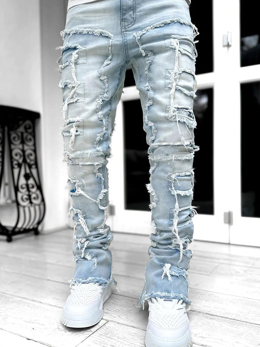 Stacked Jeans Men Skinny Ripped Jeans Slim Fit Denim Pants Y2K Goth Harajuku Emo Jeans Trouser