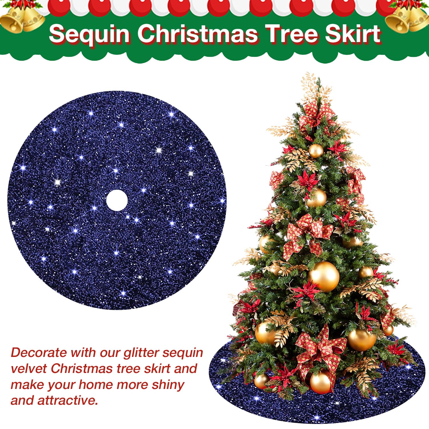 Navy Blue Sparkly Sequin Tree Skirt 36 Inches Christmas Ring Glitter Collar Blanket for Halloween 6ft Tree Navy Xmas Velvet Skirt for Home Festival Decoration