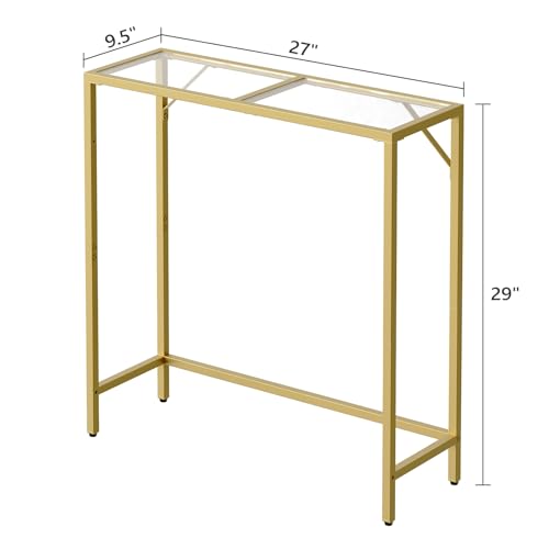 MAHANCRIS Slim Console Table, 27" Narrow Behind Sofa Table, Tempered Glass Entryway Table with Metal Frame, Adjustable Feet, Industrial Style, for Entrance, Living Room, Hallway, Glod CTJ68B01