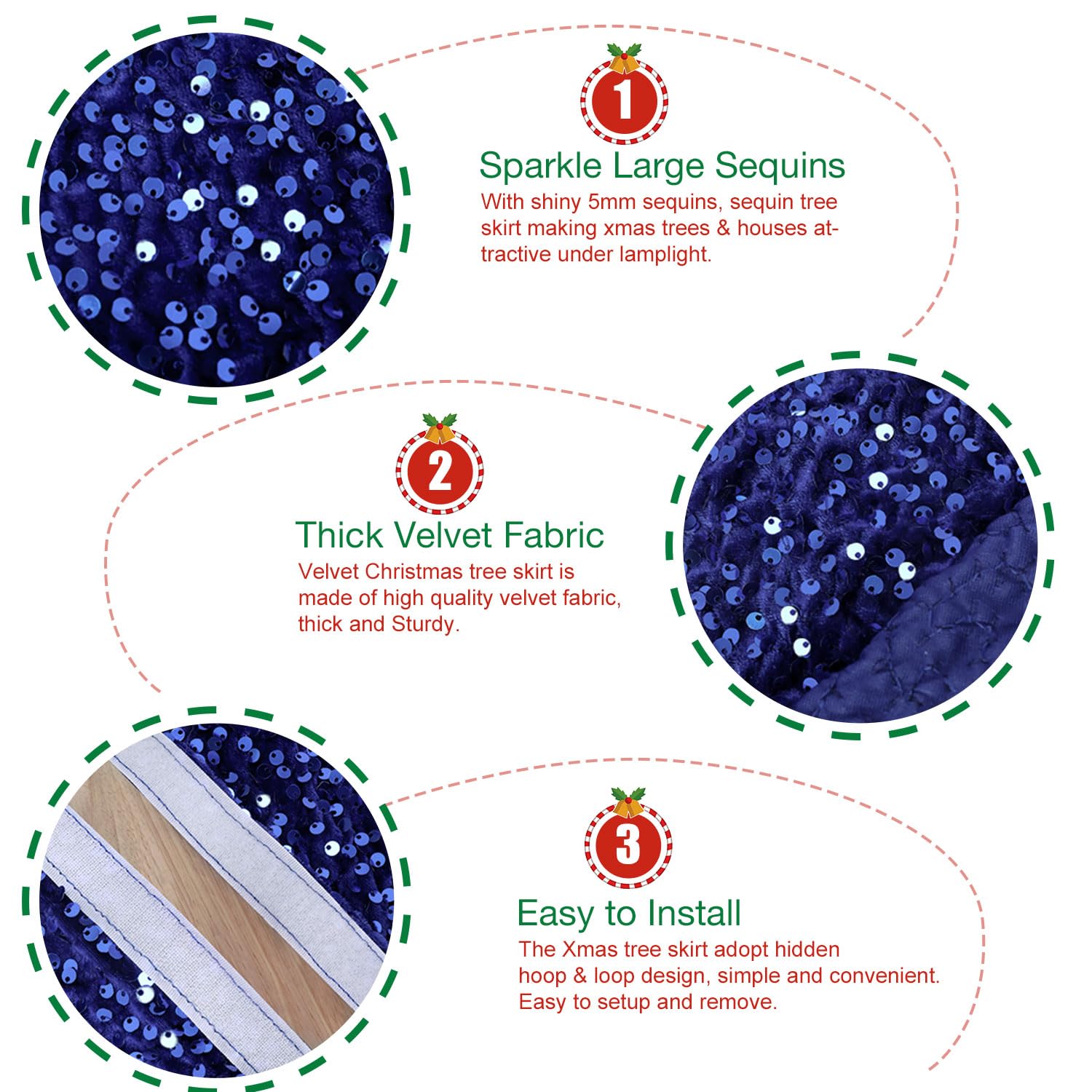 Navy Blue Sparkly Sequin Tree Skirt 36 Inches Christmas Ring Glitter Collar Blanket for Halloween 6ft Tree Navy Xmas Velvet Skirt for Home Festival Decoration