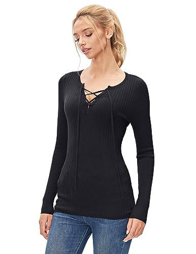 AmélieBoutik Women Notch V Neck Lace Up Long Sleeve Ribbed Sweater (Black Large)
