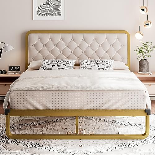 iPormis Queen Size Metal Bed Frame with Velvet Button Tufted Headboard, Curved Platform Bed Frame, Thicker Metal Steel Slats Support, 12'' Under-Bed Space, Noise-Free, Easy Assembly, Gold & Beige