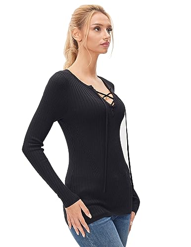 AmélieBoutik Women Notch V Neck Lace Up Long Sleeve Ribbed Sweater (Black Large)