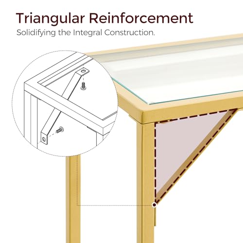 MAHANCRIS Slim Console Table, 27" Narrow Behind Sofa Table, Tempered Glass Entryway Table with Metal Frame, Adjustable Feet, Industrial Style, for Entrance, Living Room, Hallway, Glod CTJ68B01