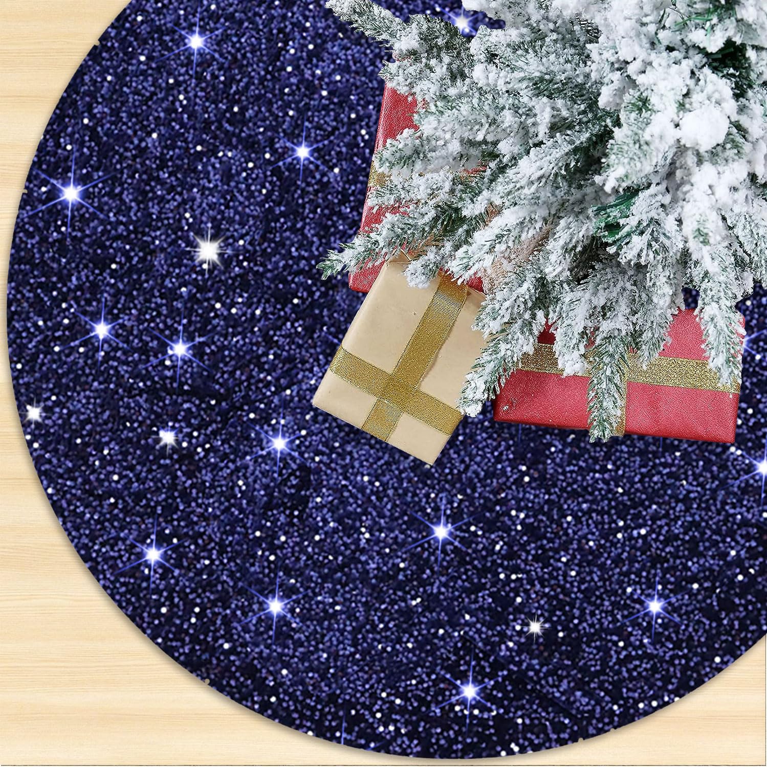 Navy Blue Sparkly Sequin Tree Skirt 36 Inches Christmas Ring Glitter Collar Blanket for Halloween 6ft Tree Navy Xmas Velvet Skirt for Home Festival Decoration