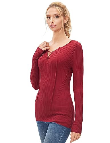 AmélieBoutik Women Notch V Neck Lace Up Long Sleeve Ribbed Sweater (Wine Red X-Small)