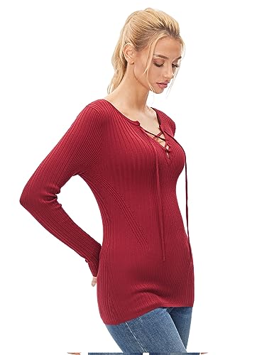 AmélieBoutik Women Notch V Neck Lace Up Long Sleeve Ribbed Sweater (Wine Red X-Small)