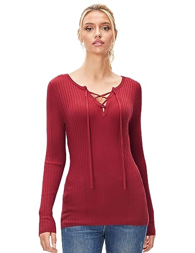 AmélieBoutik Women Notch V Neck Lace Up Long Sleeve Ribbed Sweater (Wine Red X-Small)