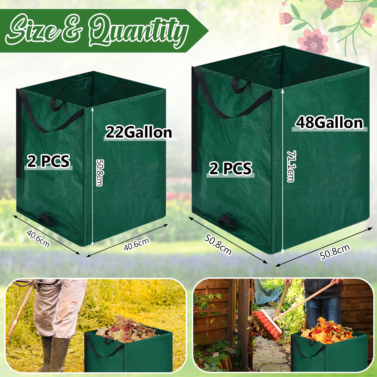 Tenceur 4 Pcs Heavy Duty Reusable Yard Waste Bags 48 Gallon and 22 Gallon Woven Polypropylene Leaf Garden Bag Lawn Bags Self Standing Garbage Can with Reinforced Handles for Home Moving Bag, Green