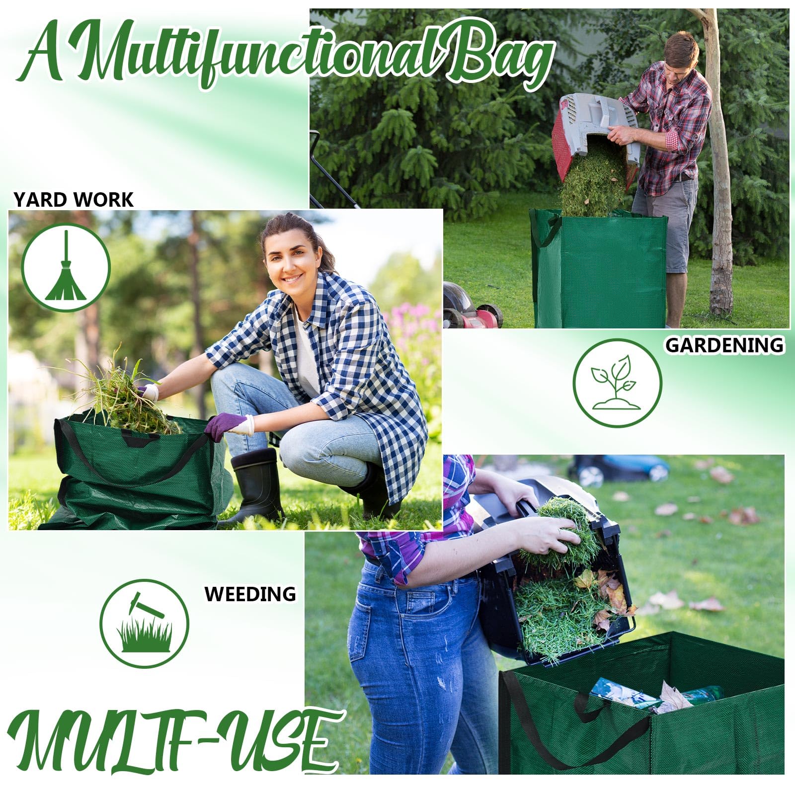 Tenceur 4 Pcs Heavy Duty Reusable Yard Waste Bags 48 Gallon and 22 Gallon Woven Polypropylene Leaf Garden Bag Lawn Bags Self Standing Garbage Can with Reinforced Handles for Home Moving Bag, Green