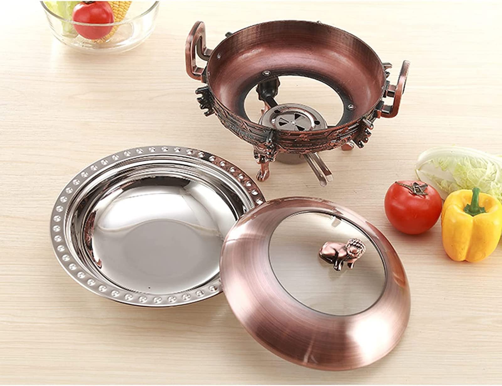ENPAP Chafing Dish Buffet Set, Round Chafer Buffet Servers and Warmers W/Food Pans, Aluminum Stand, Visible Pot Lid and Fuel Holders, Stainless Steel 28CM (Color : Red Copper)