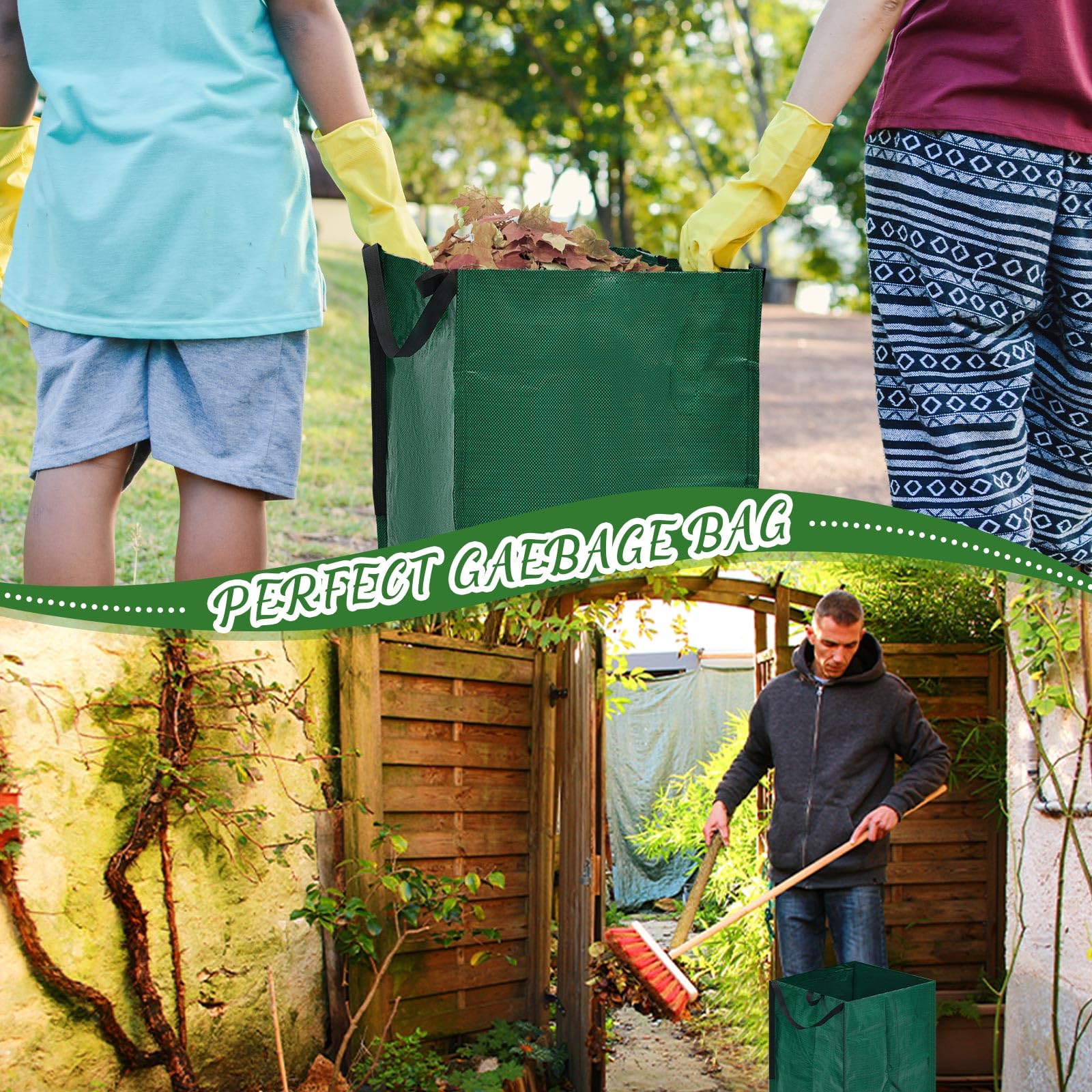 Tenceur 4 Pcs Heavy Duty Reusable Yard Waste Bags 48 Gallon and 22 Gallon Woven Polypropylene Leaf Garden Bag Lawn Bags Self Standing Garbage Can with Reinforced Handles for Home Moving Bag, Green