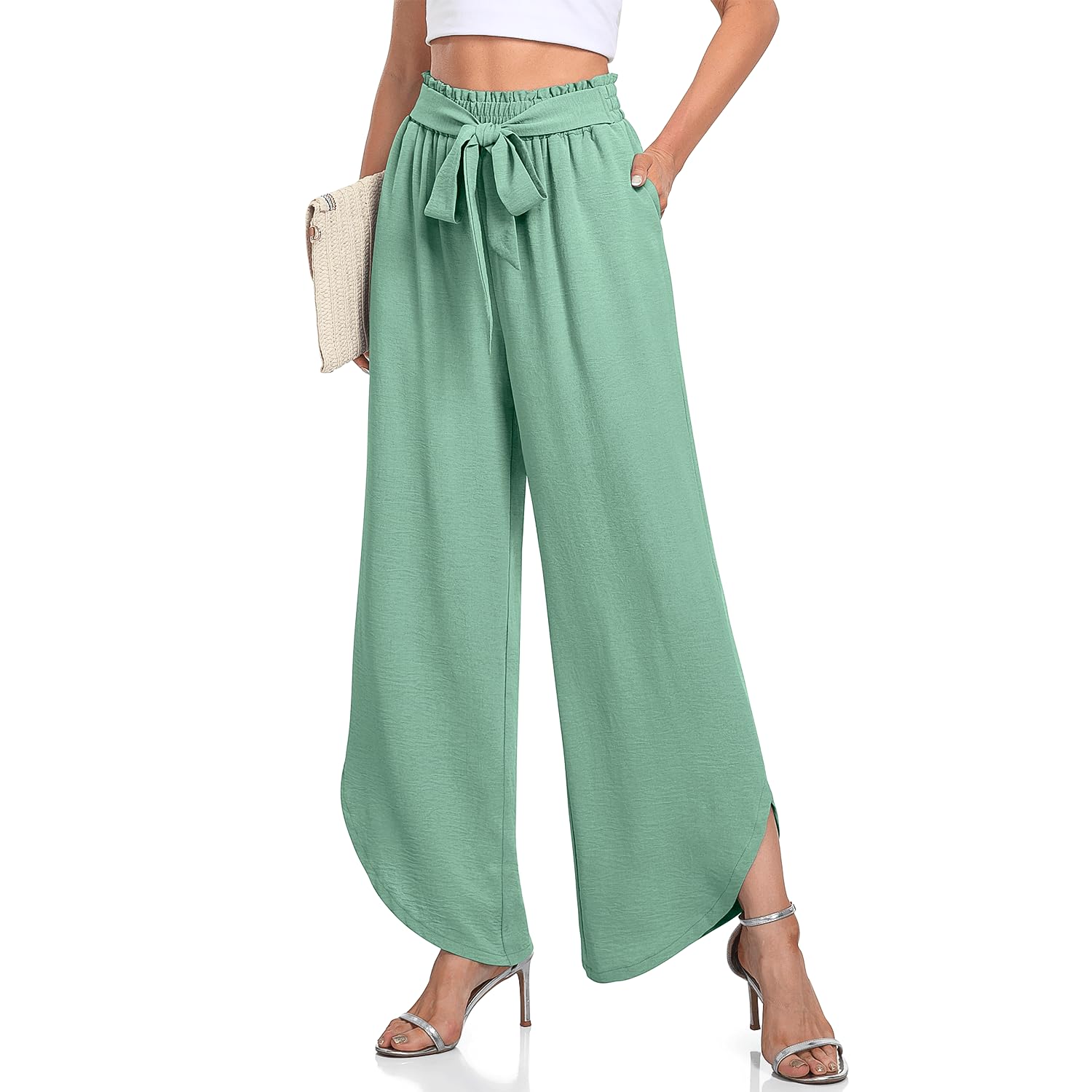 TARSE Dress Pants Women High Waisted Wide Leg Lounge Pants Plus Size Pants Curved Split Leg Pants Teacher Outfits with Pockets?LightGreen,XL?