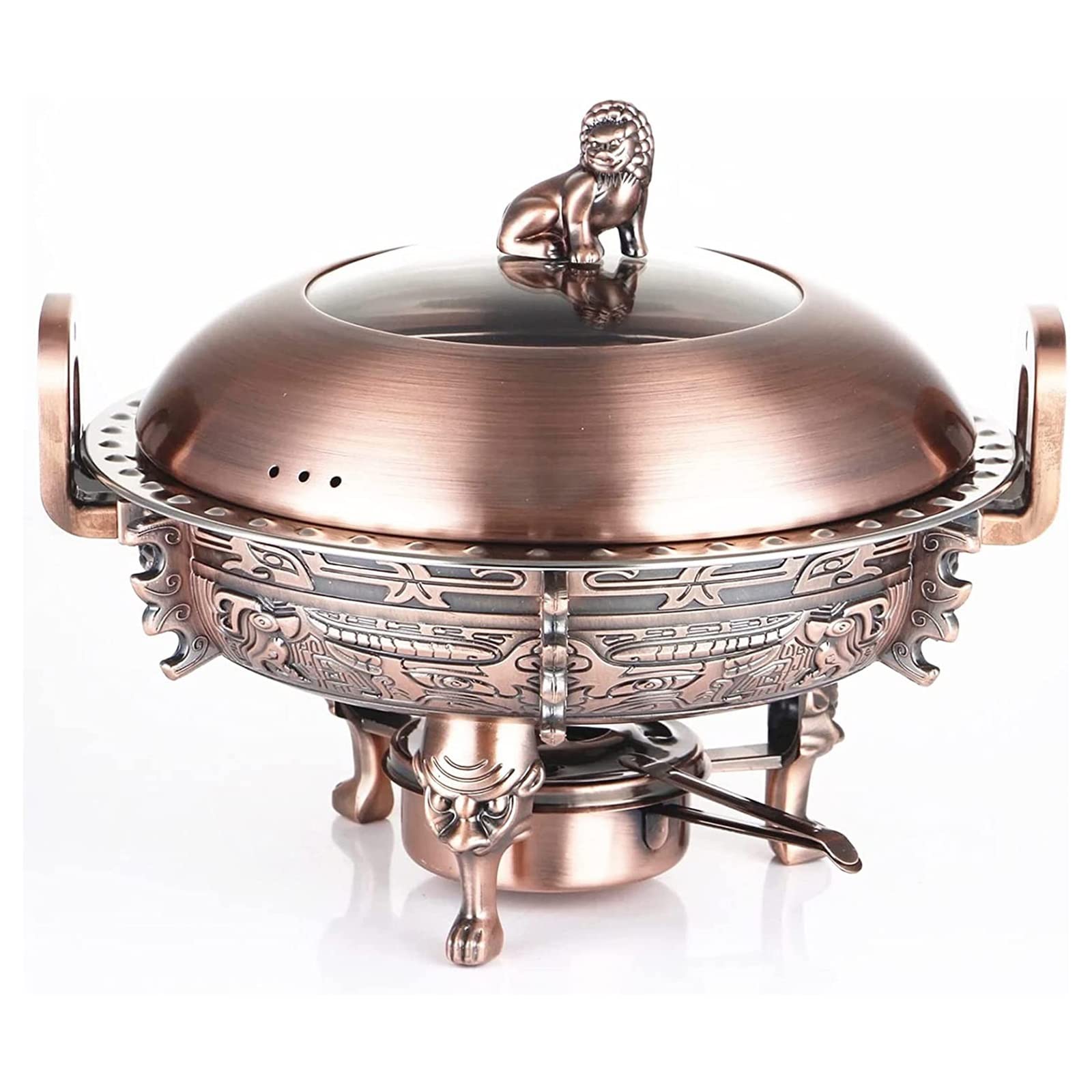 ENPAP Chafing Dish Buffet Set, Round Chafer Buffet Servers and Warmers W/Food Pans, Aluminum Stand, Visible Pot Lid and Fuel Holders, Stainless Steel 28CM (Color : Red Copper)
