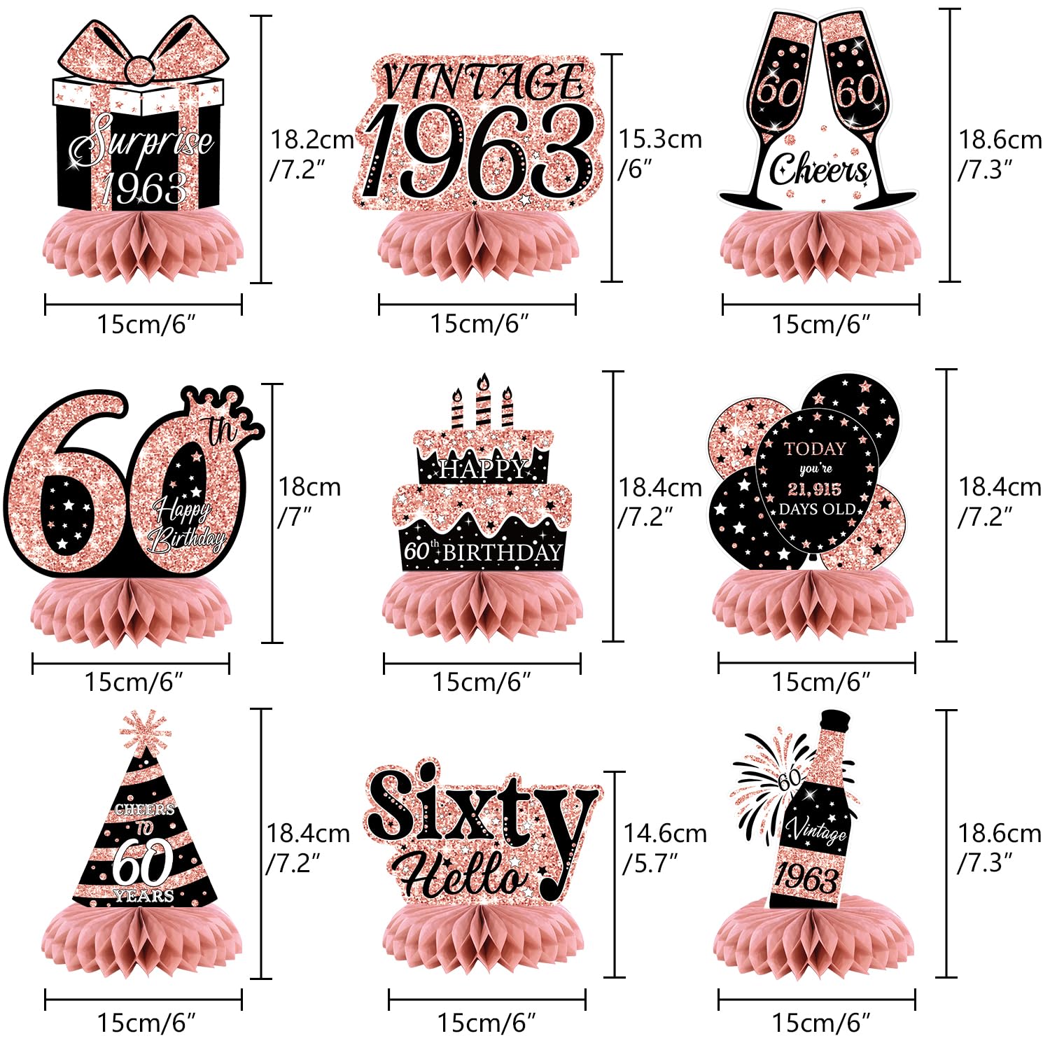 LITAUS, Rose Gold 60th Birthday Decorations Honeycomb Centerpieces for Table - Pack of 9 | 60th Birthday Table Decorations Women | Happy 60th Birthday Decorations