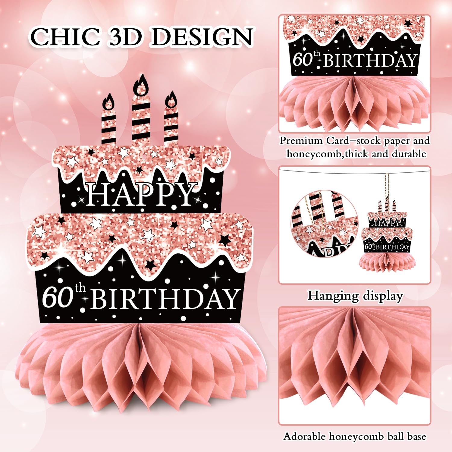 LITAUS, Rose Gold 60th Birthday Decorations Honeycomb Centerpieces for Table - Pack of 9 | 60th Birthday Table Decorations Women | Happy 60th Birthday Decorations