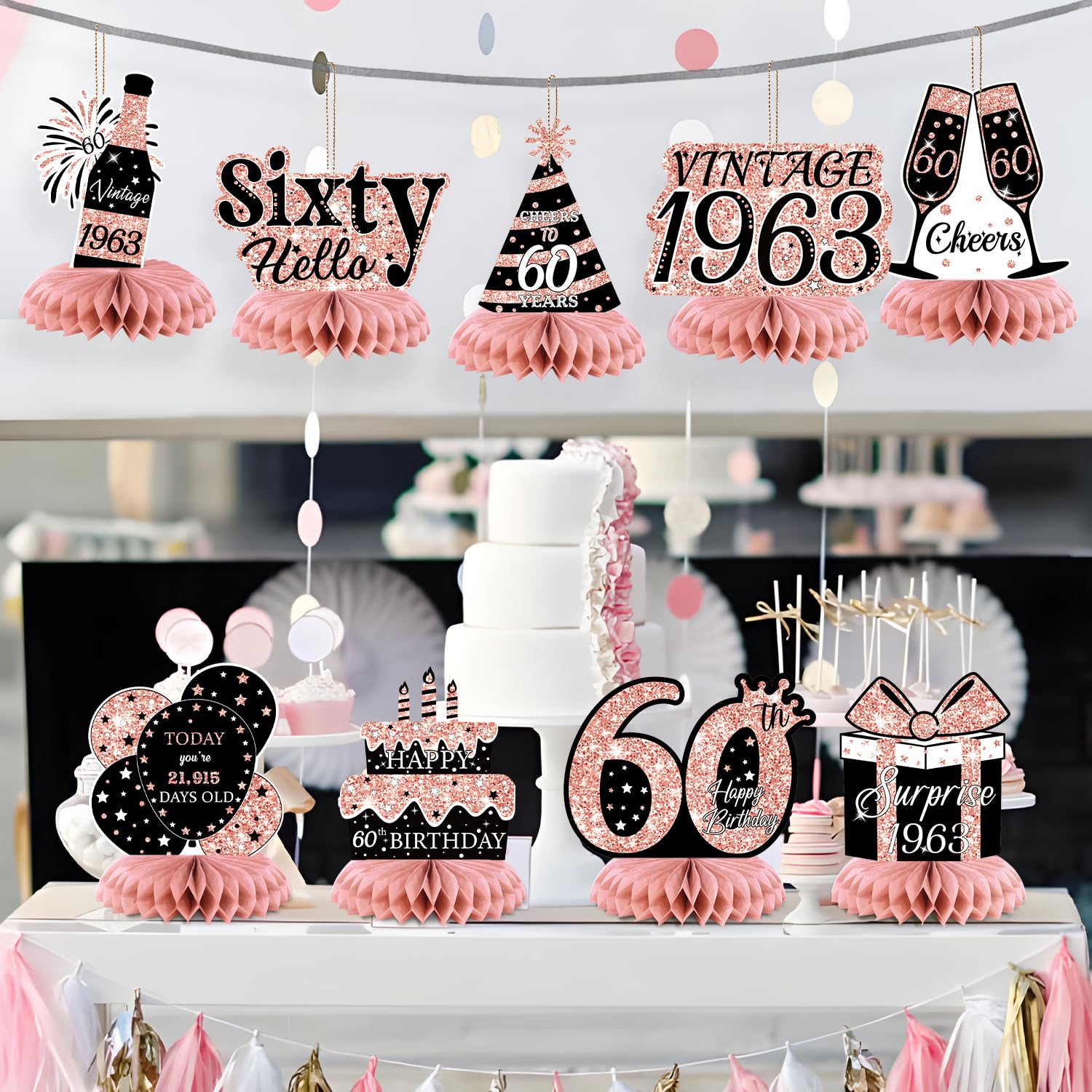 LITAUS, Rose Gold 60th Birthday Decorations Honeycomb Centerpieces for Table - Pack of 9 | 60th Birthday Table Decorations Women | Happy 60th Birthday Decorations