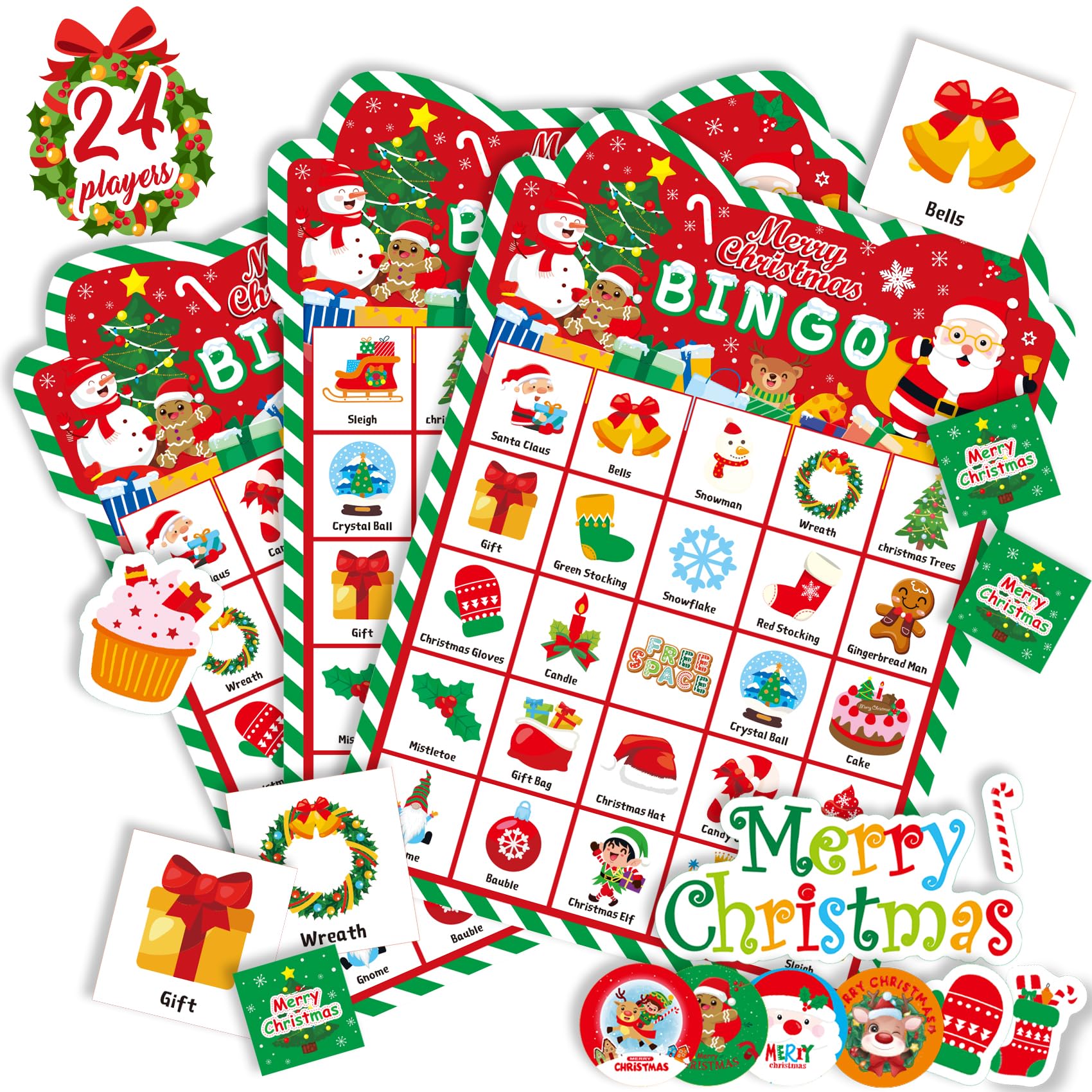 Funnlot Christmas Bingo Game for Kids, Christmas Games Christmas Crafts Christmas Activities with Reward Stickers for Kids Large Group Classroom Family Party Xmas