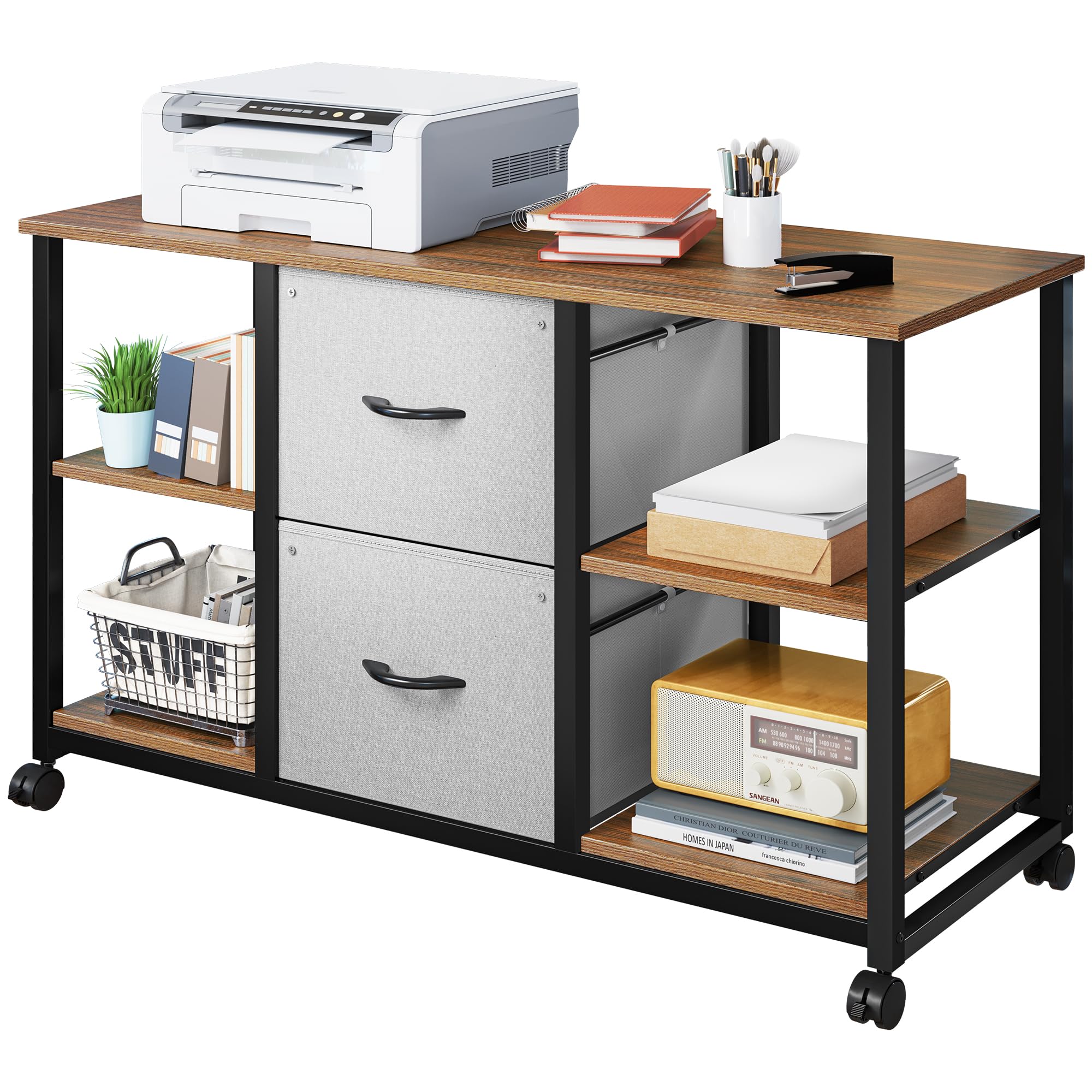 YITAHOME Mobile Lateral File Cabinet, Fabric Mobile Filing Cabinet with 4 Open Storage Shelves, Printer Stand with 2 Drawers for Home Office, Fits A4/Letter Size,Grey & Brown