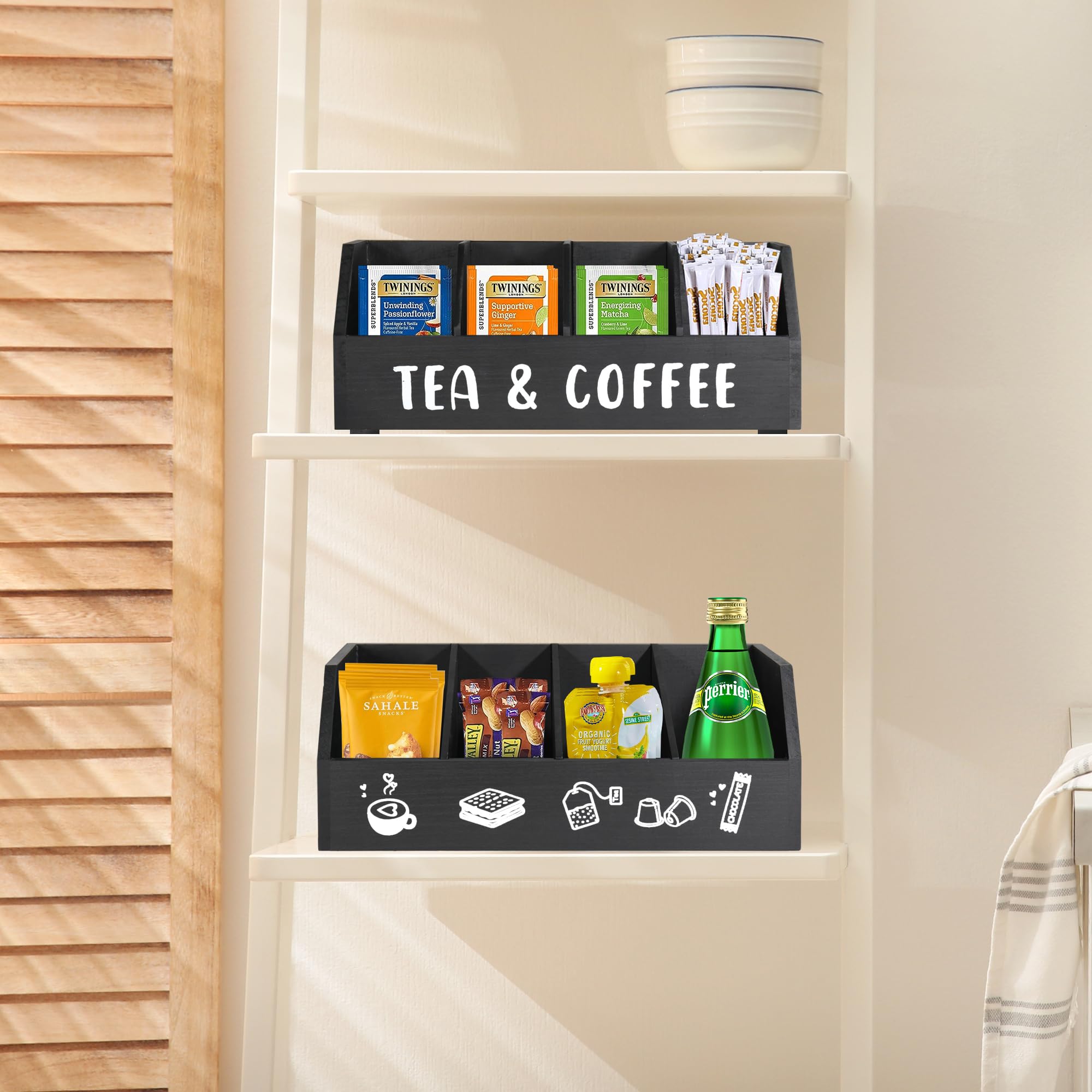Coffee Station Organizer for Countertop, Wooden Coffee Bar Organization with 8 Compartments, 2 -Tier Tea Bag Organizer for Counter, Black Coffee Accessories for Coffee Bar with Removable Dividers