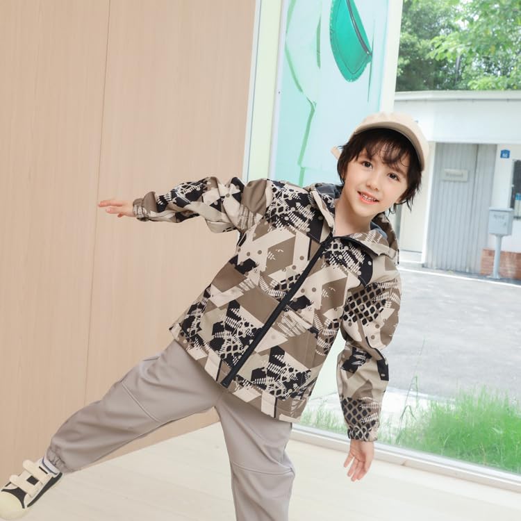 Feidoog Boys Girls Waterproof Outdoor Jackets Lightweight Fleece Lining Hooded Windbreaker Coat Outerwear,Khaki,4-5T