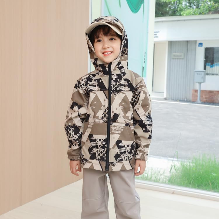 Feidoog Boys Girls Waterproof Outdoor Jackets Lightweight Fleece Lining Hooded Windbreaker Coat Outerwear,Khaki,4-5T