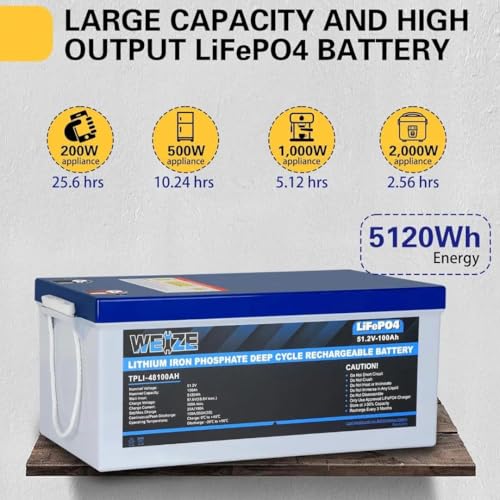 WEIZE 48V 100Ah LiFePO4 Lithium Battery, Built-in 100A Smart BMS, Up to 8000 Deep Cycles, Perfect for RV, Solar System, Marine, and Off Grid Applications
