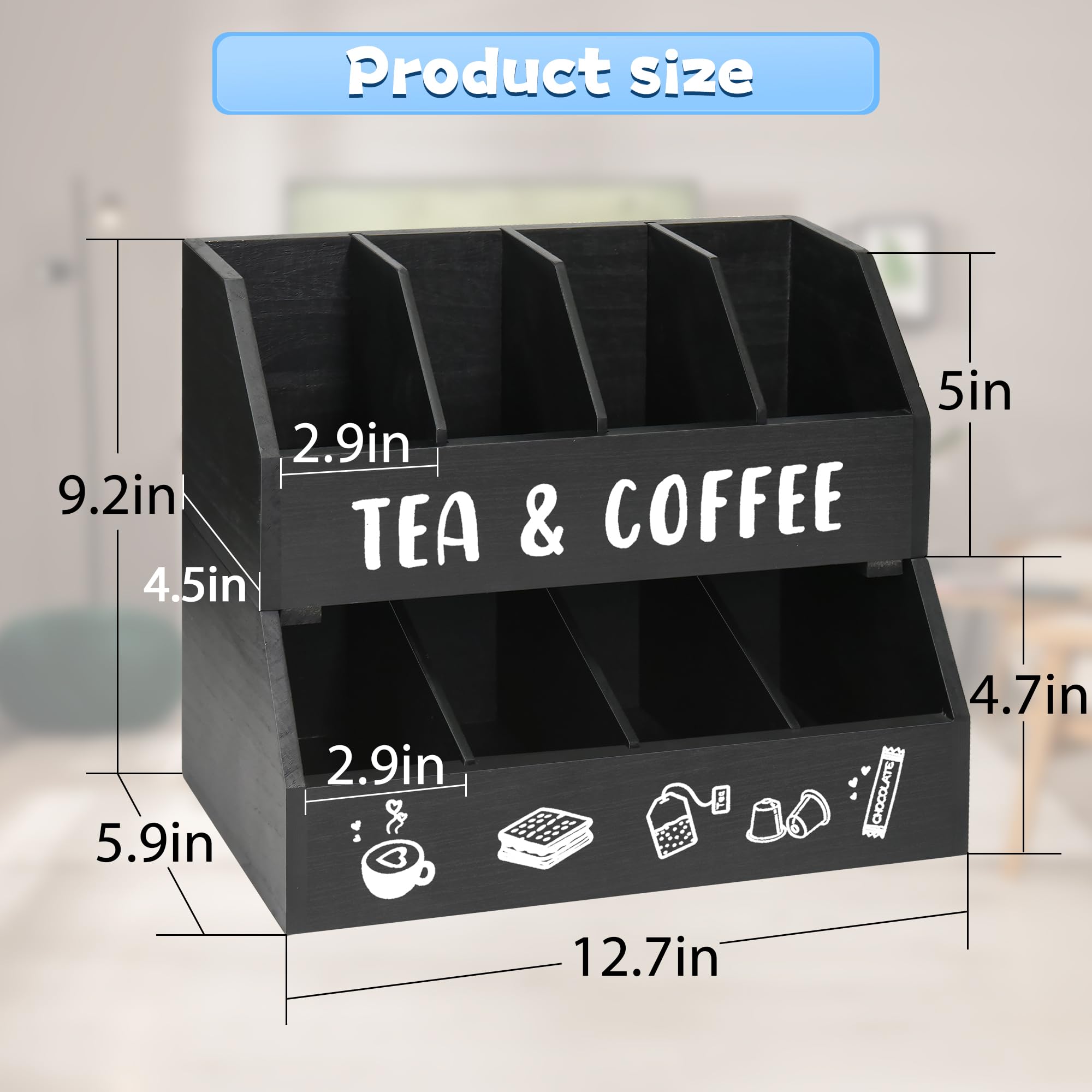 Coffee Station Organizer for Countertop, Wooden Coffee Bar Organization with 8 Compartments, 2 -Tier Tea Bag Organizer for Counter, Black Coffee Accessories for Coffee Bar with Removable Dividers