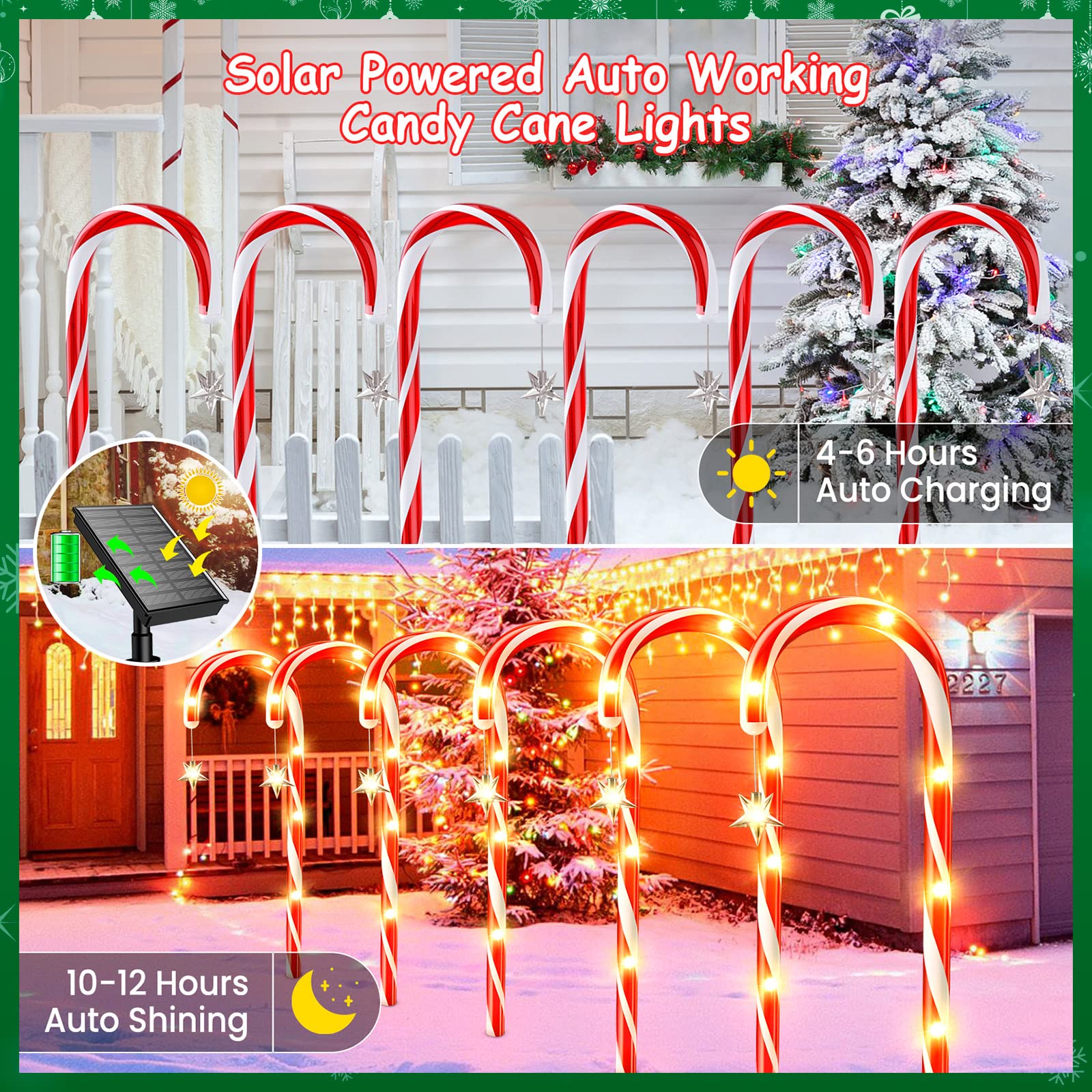 12PK Christmas Decorations Outside Solar Candy Cane Lights, KuBace Newest Solar Pathway Markers Yard Lights with Blinking Star, 9 Modes Xmas Decor for Yard Garden Driveway Walkway, Wider Solar Panel