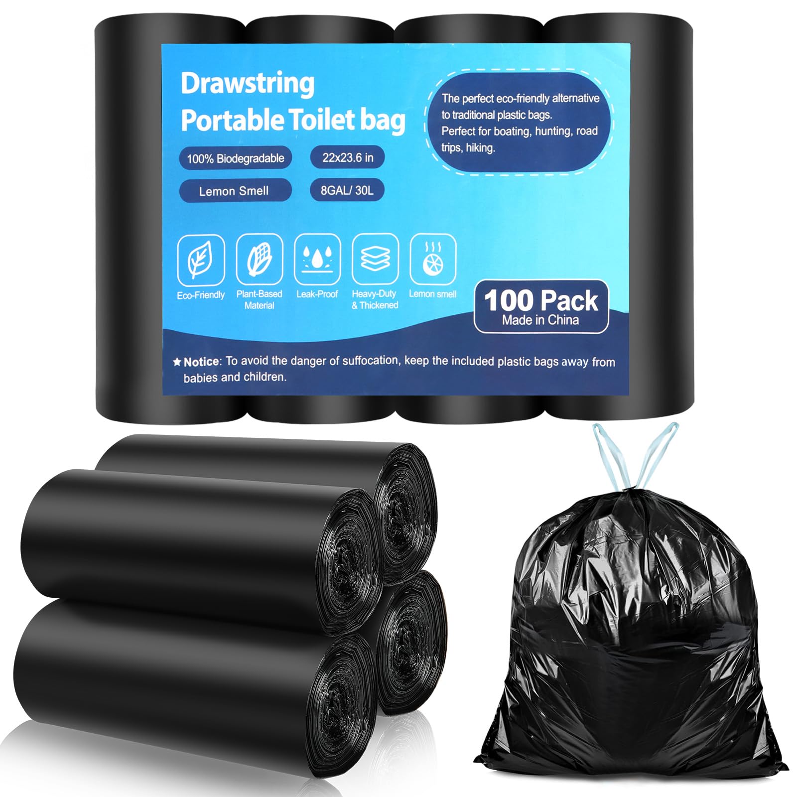 100 Portable Toilet Bags, Drawstring Biodegradable Camping Potty Bags 8 Gallon Camping Toilet Waste Bags for 5-8 Gallon Bucket Toilet Adults Outdoor Camping Car