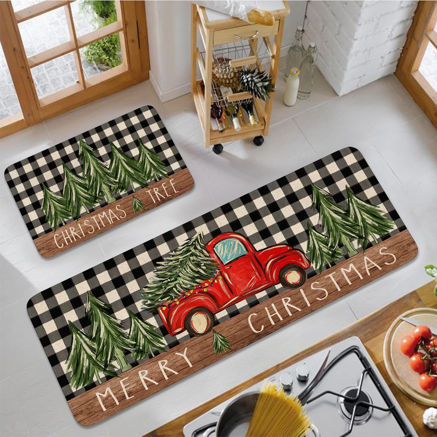 Eikunn Christmas Kitchen Rugs Set of 2,Red Truck Christmas Tree Kitchen Mat for Floor,Winter Holiday Non-Slip Washable Kitchen Sink Mats Kitchen Decor Doormat+Runner Rug