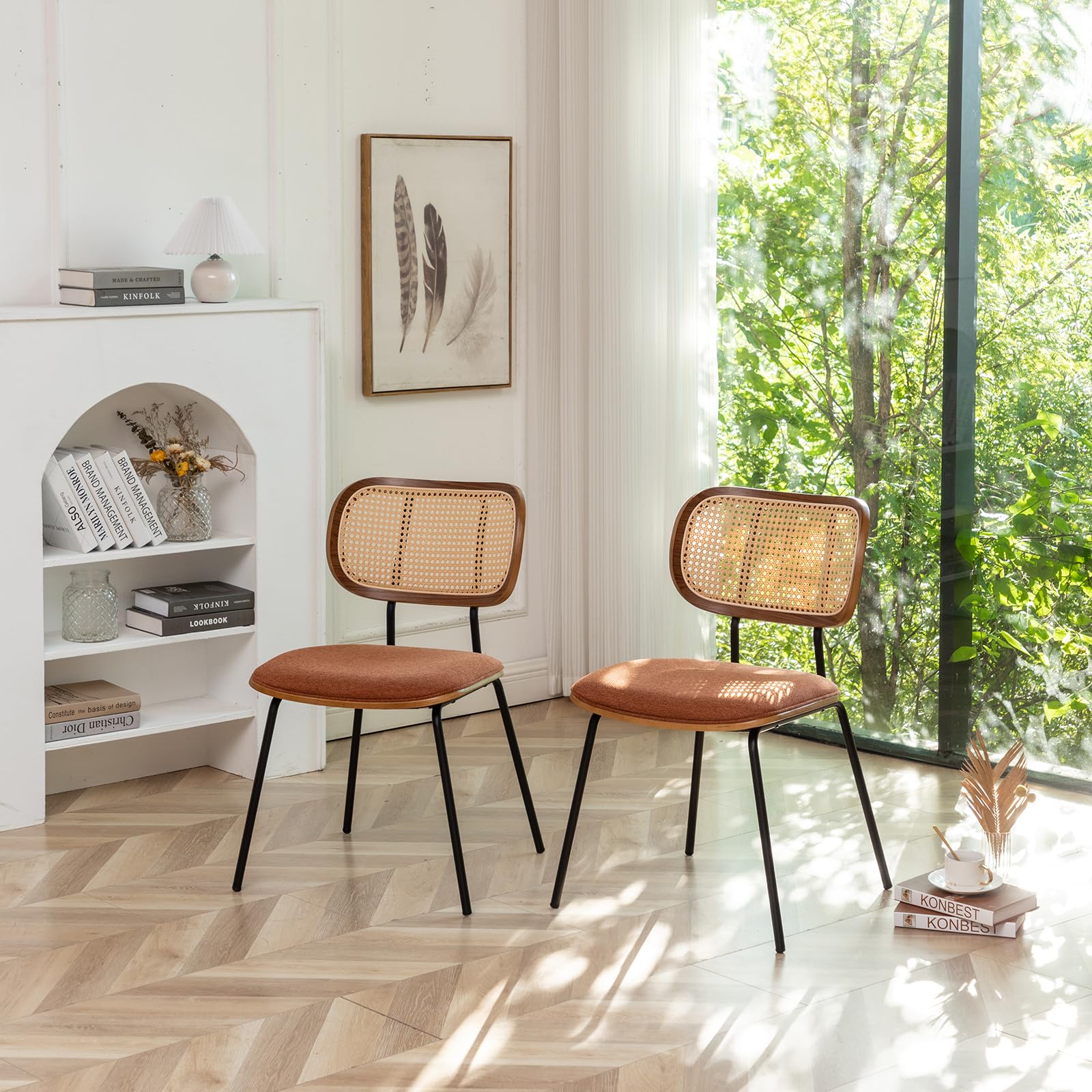 HOCEWI Rattan Dining Chairs Set of 2, Mid Century Modern Dining Chairs, Fabric Cane Dining Room Chairs (Orange, Fabric)