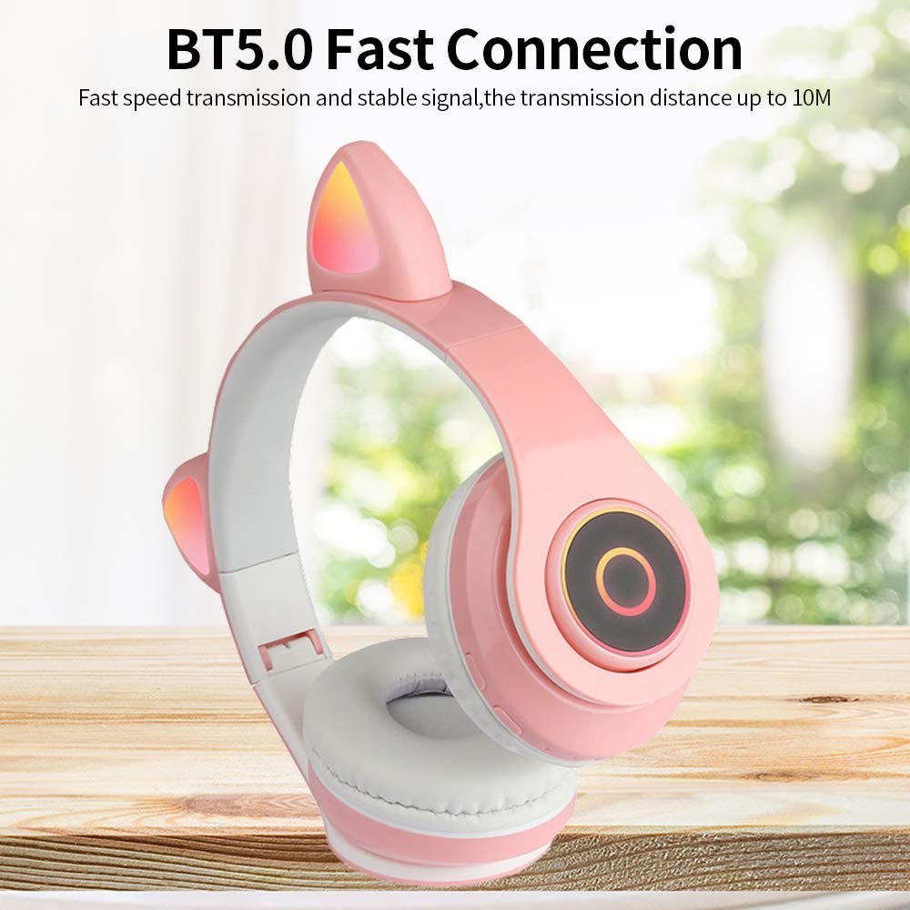 Docooler Cat Ear Headphones, Gaming Headphone with Microphone, Stereo Hi-Fi Soun, Foldable Comfortable, Adjustable Wireless/Wire Over Ear Headset for Girls, Teenagers, Adults, Gaming - Pink