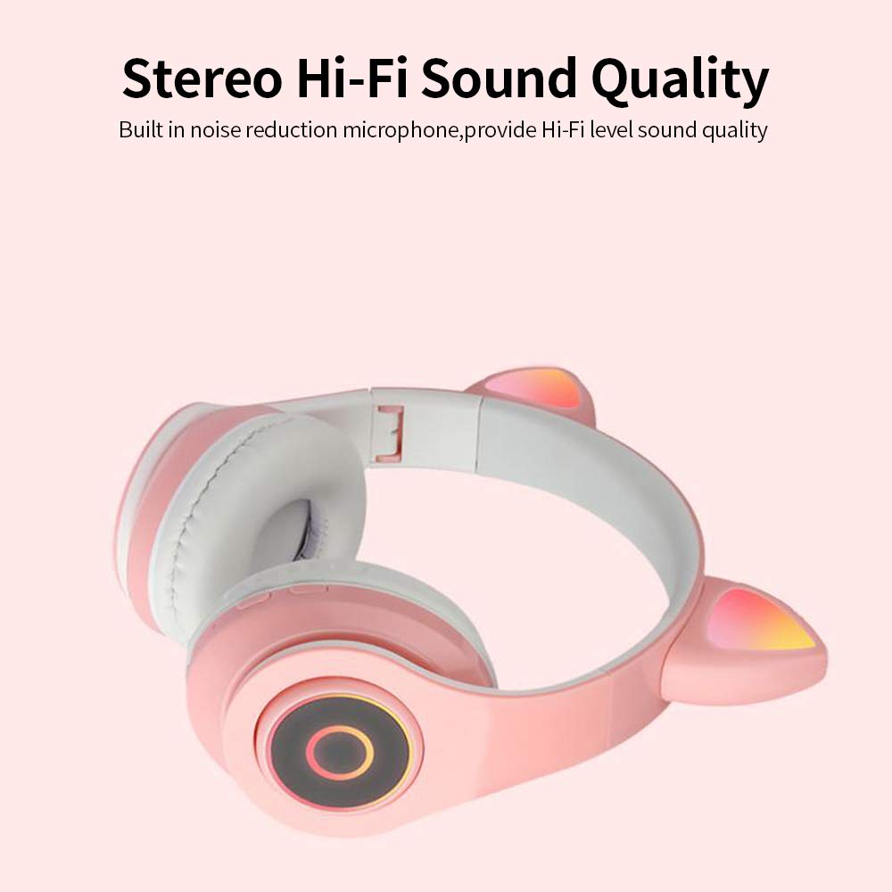 Docooler Cat Ear Headphones, Gaming Headphone with Microphone, Stereo Hi-Fi Soun, Foldable Comfortable, Adjustable Wireless/Wire Over Ear Headset for Girls, Teenagers, Adults, Gaming - Pink
