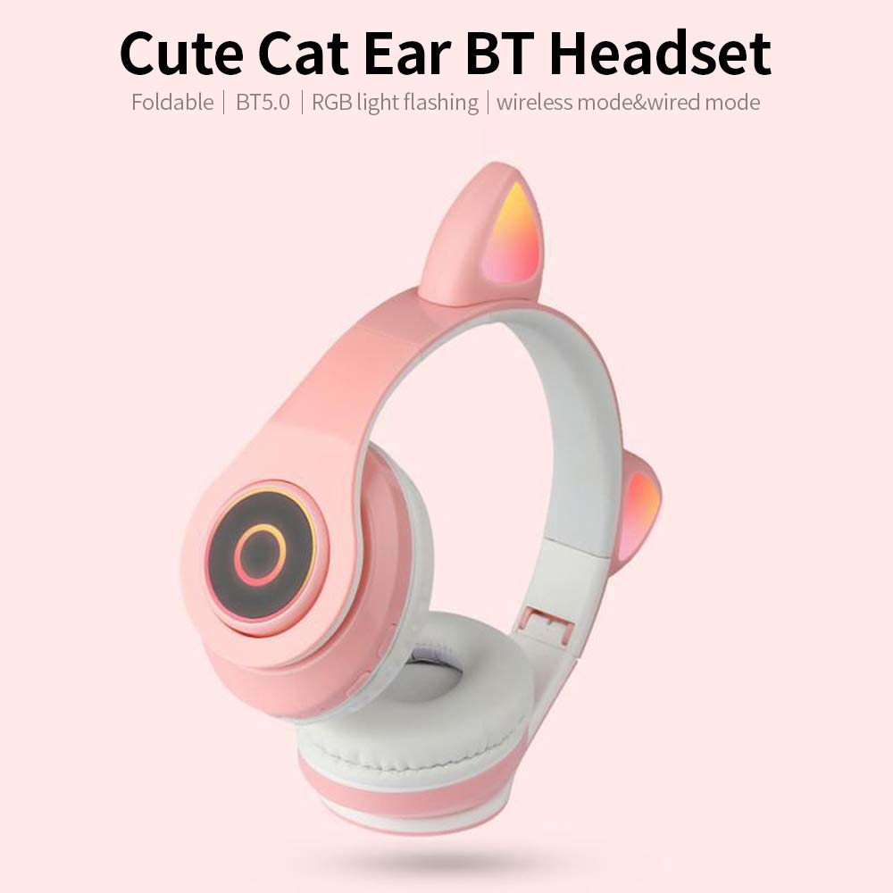 Docooler Cat Ear Headphones, Gaming Headphone with Microphone, Stereo Hi-Fi Soun, Foldable Comfortable, Adjustable Wireless/Wire Over Ear Headset for Girls, Teenagers, Adults, Gaming - Pink