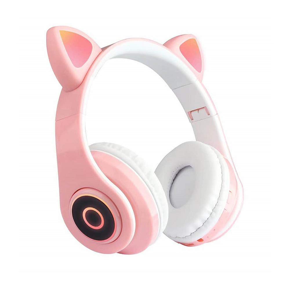Docooler Cat Ear Headphones, Gaming Headphone with Microphone, Stereo Hi-Fi Soun, Foldable Comfortable, Adjustable Wireless/Wire Over Ear Headset for Girls, Teenagers, Adults, Gaming - Pink
