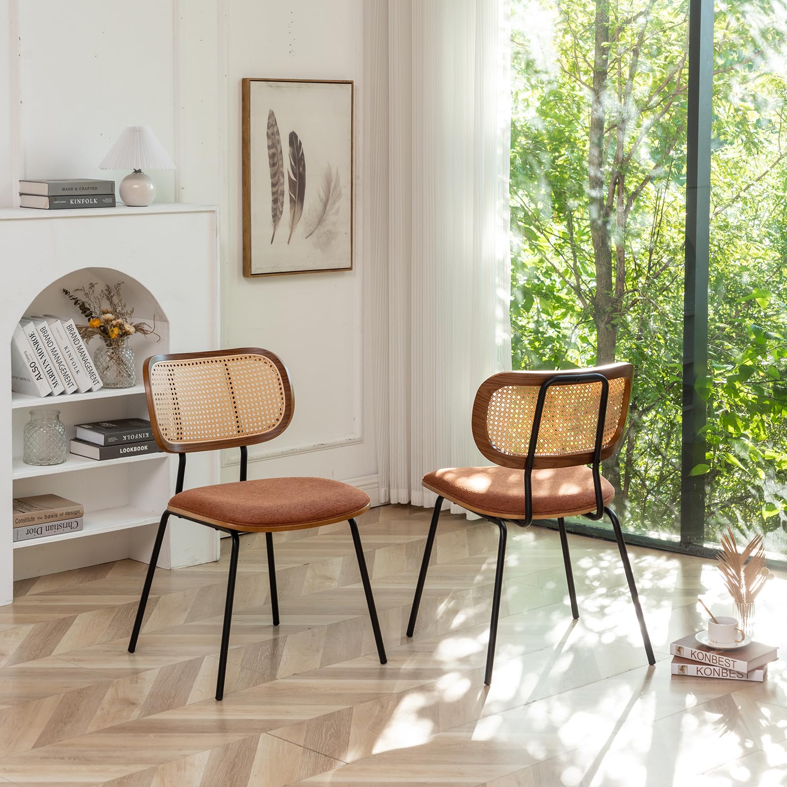 HOCEWI Rattan Dining Chairs Set of 2, Mid Century Modern Dining Chairs, Fabric Cane Dining Room Chairs (Orange, Fabric)