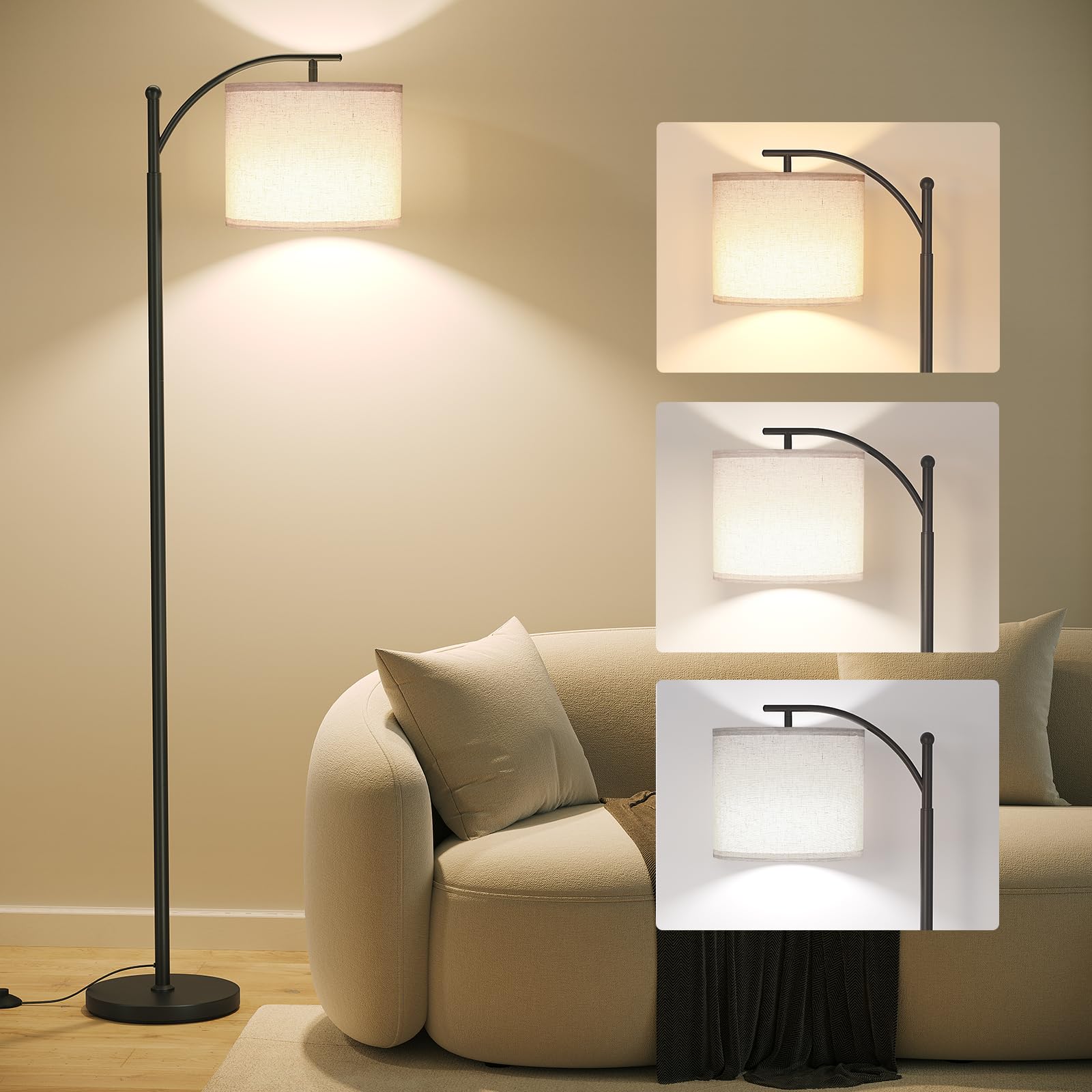 SUNMORY Arc Floor Lamp,Modern Floor Lamp with 9W 3 Color Temperatures Bulb,Metal Standing Lamps with Adjustable Hanging Lampshade,Tall Floor Lamps for Living Room,Bedroom,Office (Black)