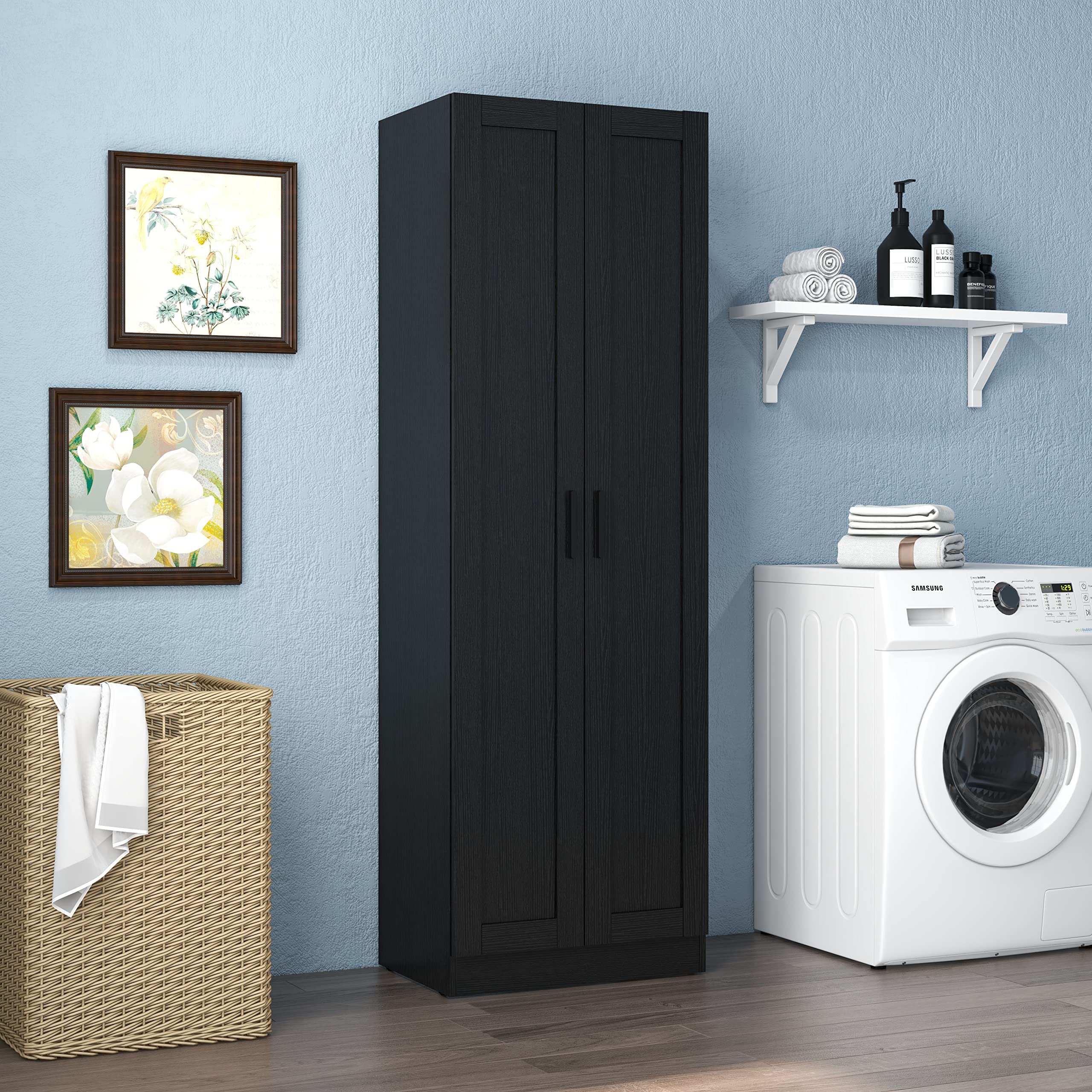 Panana Wooden Tall Storage Cabinet with 2 Doors and Shelves - Free Standing Narrow Food Pantry (Black, 45P)