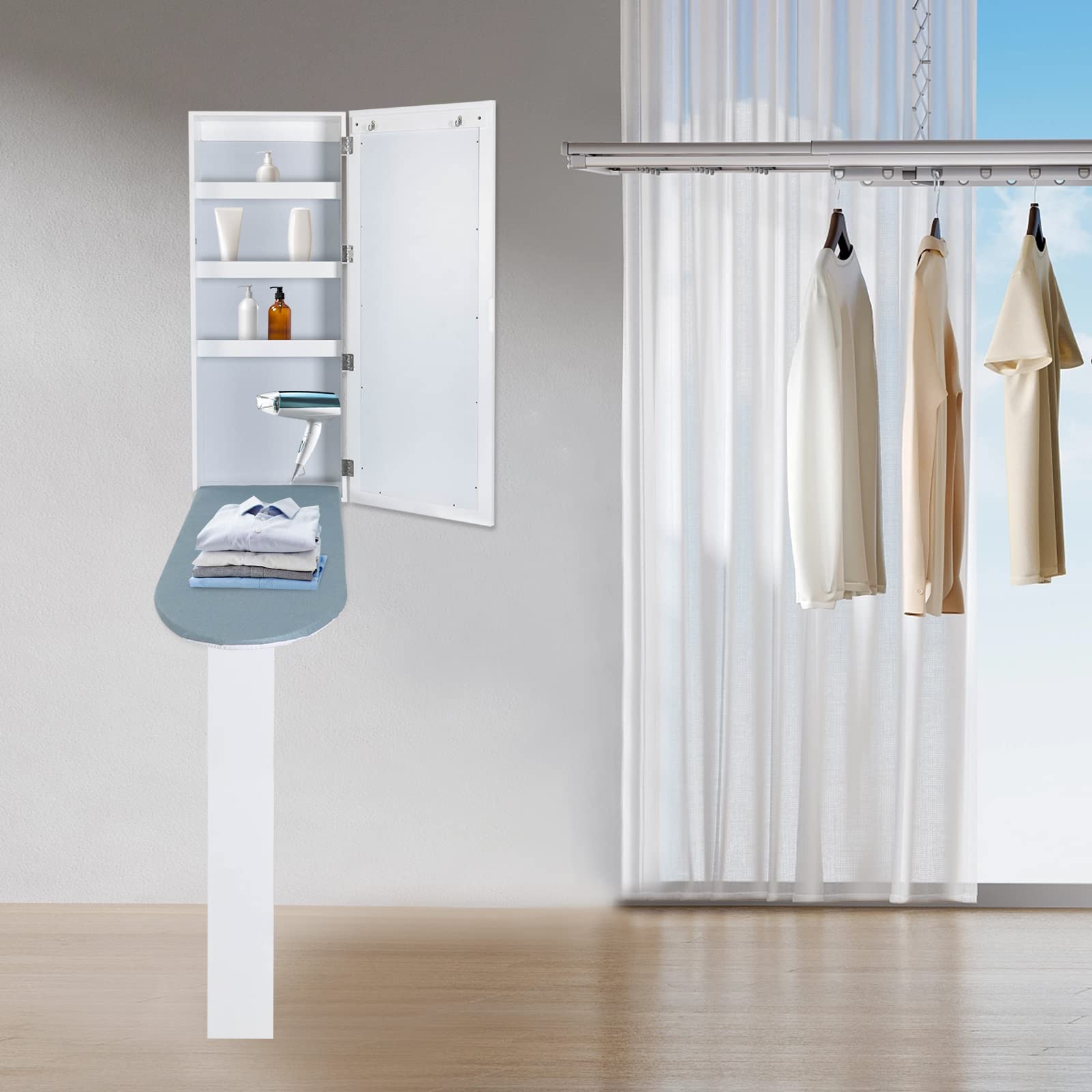 Wall Mounted Ironing Board with Storage Cabinet, Built in Ironing Board & Folding Support Leg, Wall-Mounted Mirrors for Home, Apartment & Small Spaces