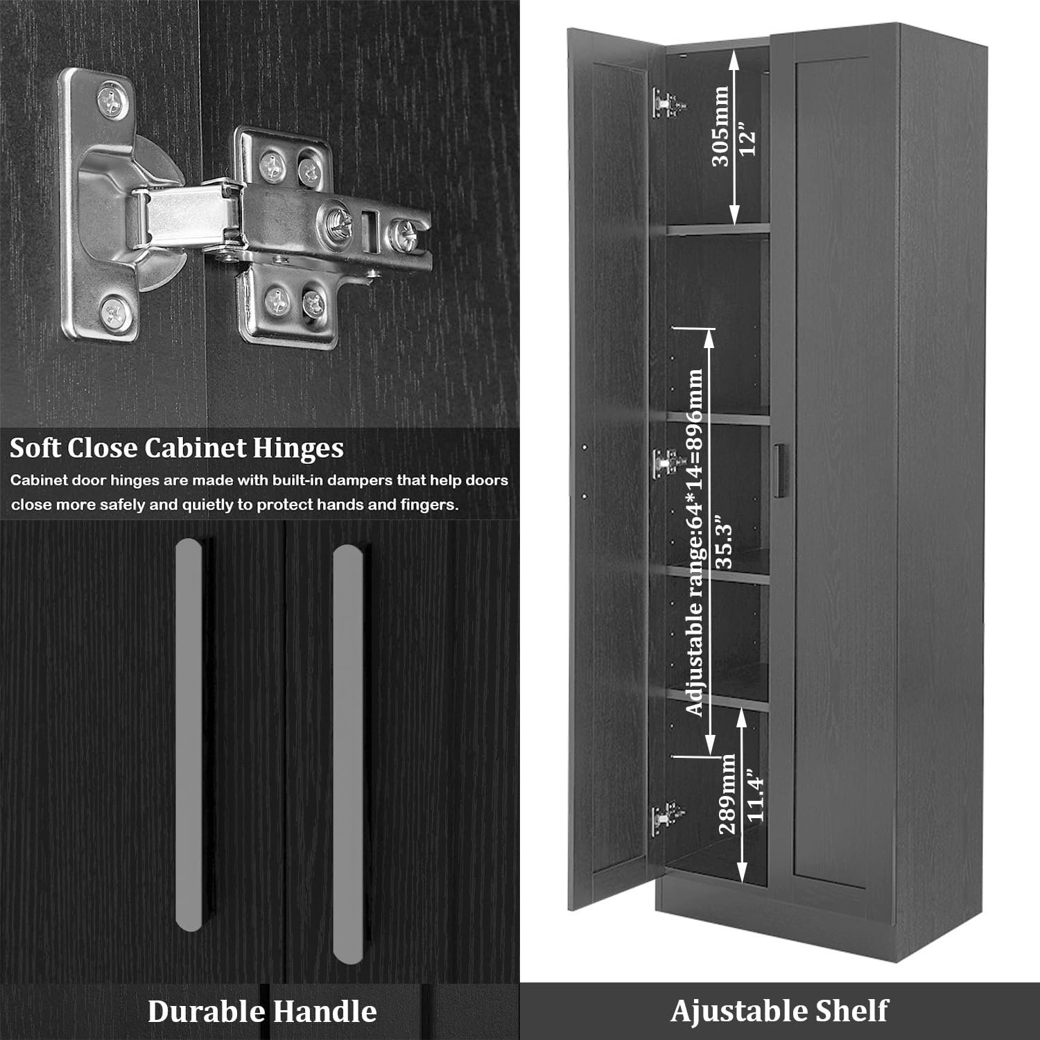 Panana Wooden Tall Storage Cabinet with 2 Doors and Shelves - Free Standing Narrow Food Pantry (Black, 45P)