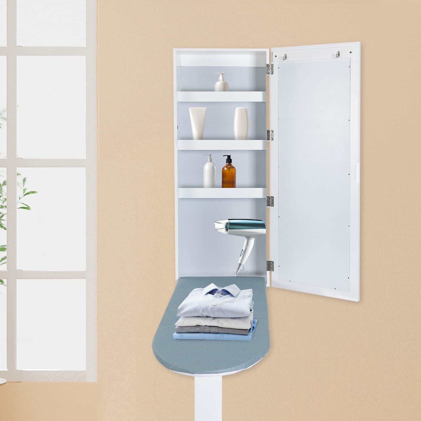 Wall Mounted Ironing Board with Storage Cabinet, Built in Ironing Board & Folding Support Leg, Wall-Mounted Mirrors for Home, Apartment & Small Spaces