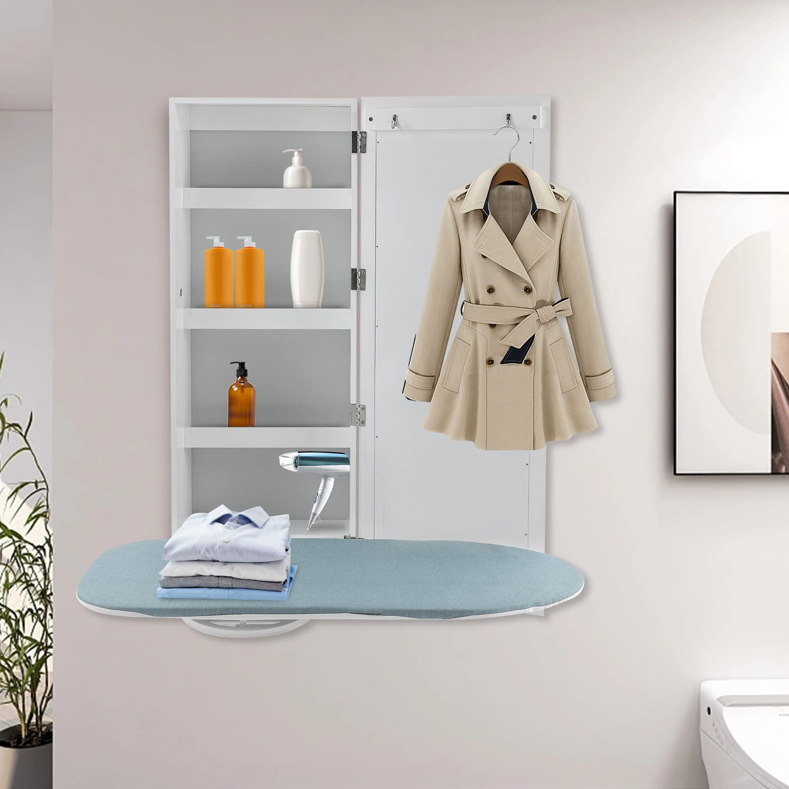 Wall Mount Ironing Board Cabinet, Built-in Swivel Ironing Board Foldable with Storage, Wall Hanging with Mirror, White