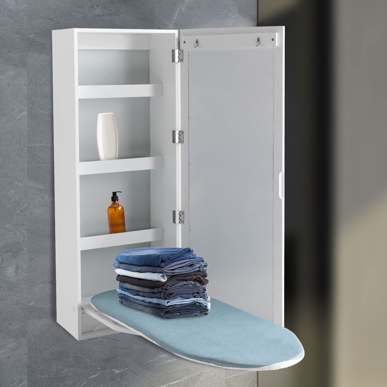 Wall Mount Ironing Board Cabinet, Built-in Swivel Ironing Board Foldable with Storage, Wall Hanging with Mirror, White