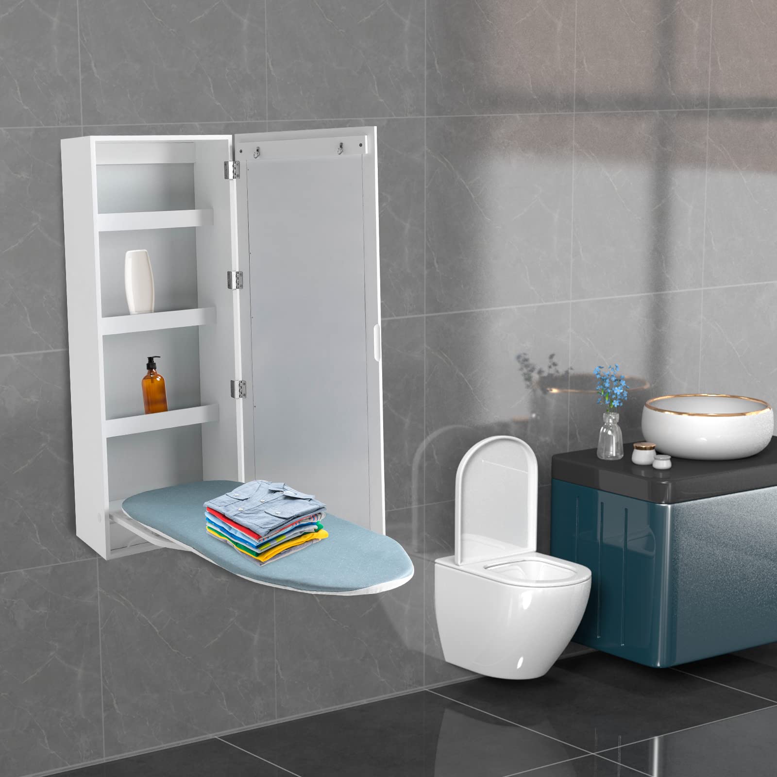 Wall Mount Ironing Board Cabinet, Built-in Swivel Ironing Board Foldable with Storage, Wall Hanging with Mirror, White