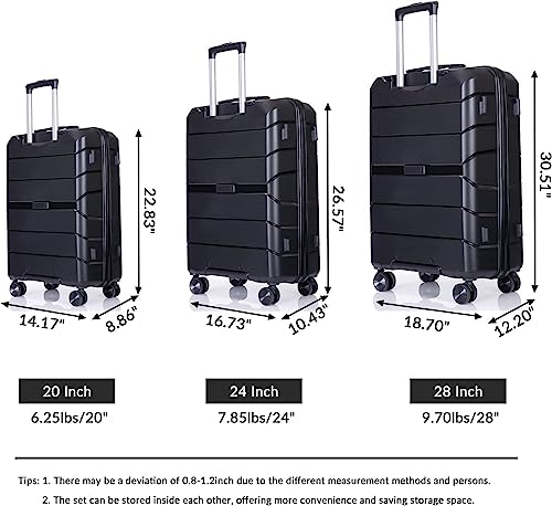 Tripcomp Luggage Sets Wear-Resistance Hardside Lightweight Suitcase Double Spinner Wheels, TSA Lock,Two Hooks, Scratch-resistant Carry-on,3 Piece Set(20inch 24inch 28inch) (Jet Black)