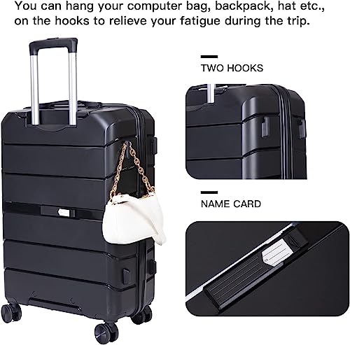 Tripcomp Luggage Sets Wear-Resistance Hardside Lightweight Suitcase Double Spinner Wheels, TSA Lock,Two Hooks, Scratch-resistant Carry-on,3 Piece Set(20inch 24inch 28inch) (Jet Black)