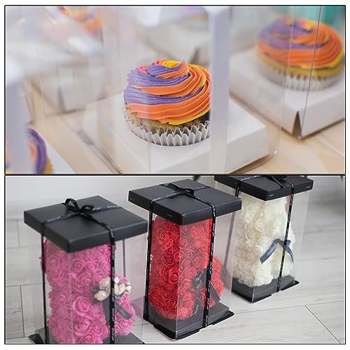 uxcell Clear Cake Box, 6Pcs 13"x7"x13" - Tall Cake Boxes with Ribbon for 12 Inch Cake Packing Carry - for Birthday Parties, Wedding (Black)