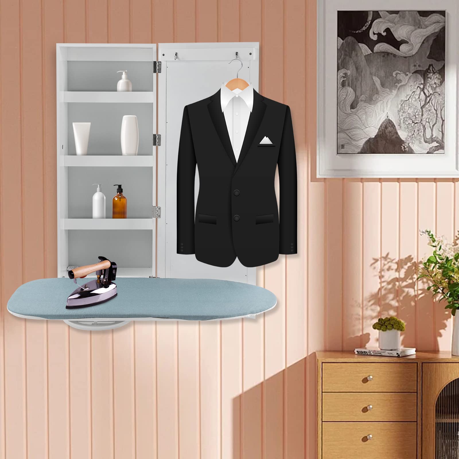 Wall Mount Ironing Board Cabinet, Built-in Swivel Ironing Board Foldable with Storage, Wall Hanging with Mirror, White